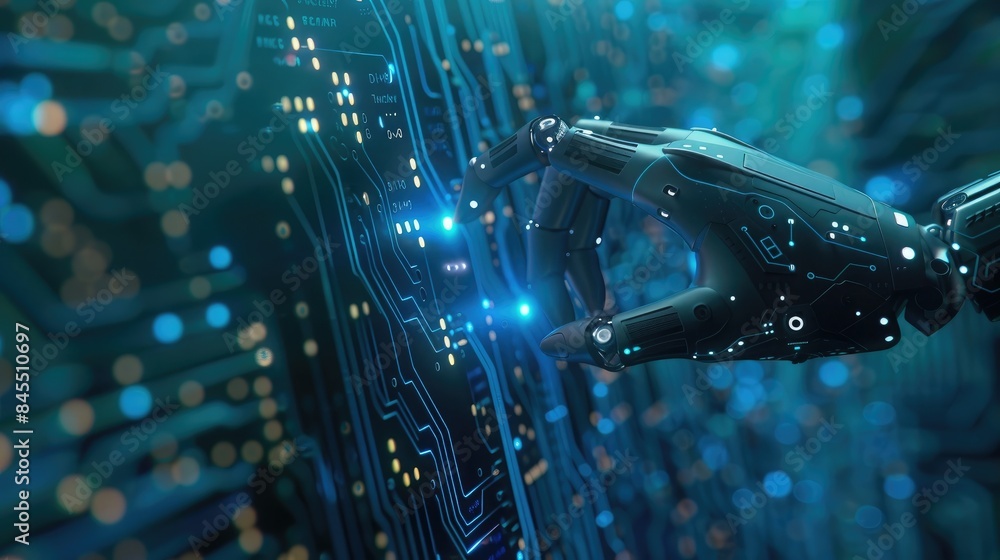 Artificial intelligence and Automated machine learning language blue digital user interface with ...