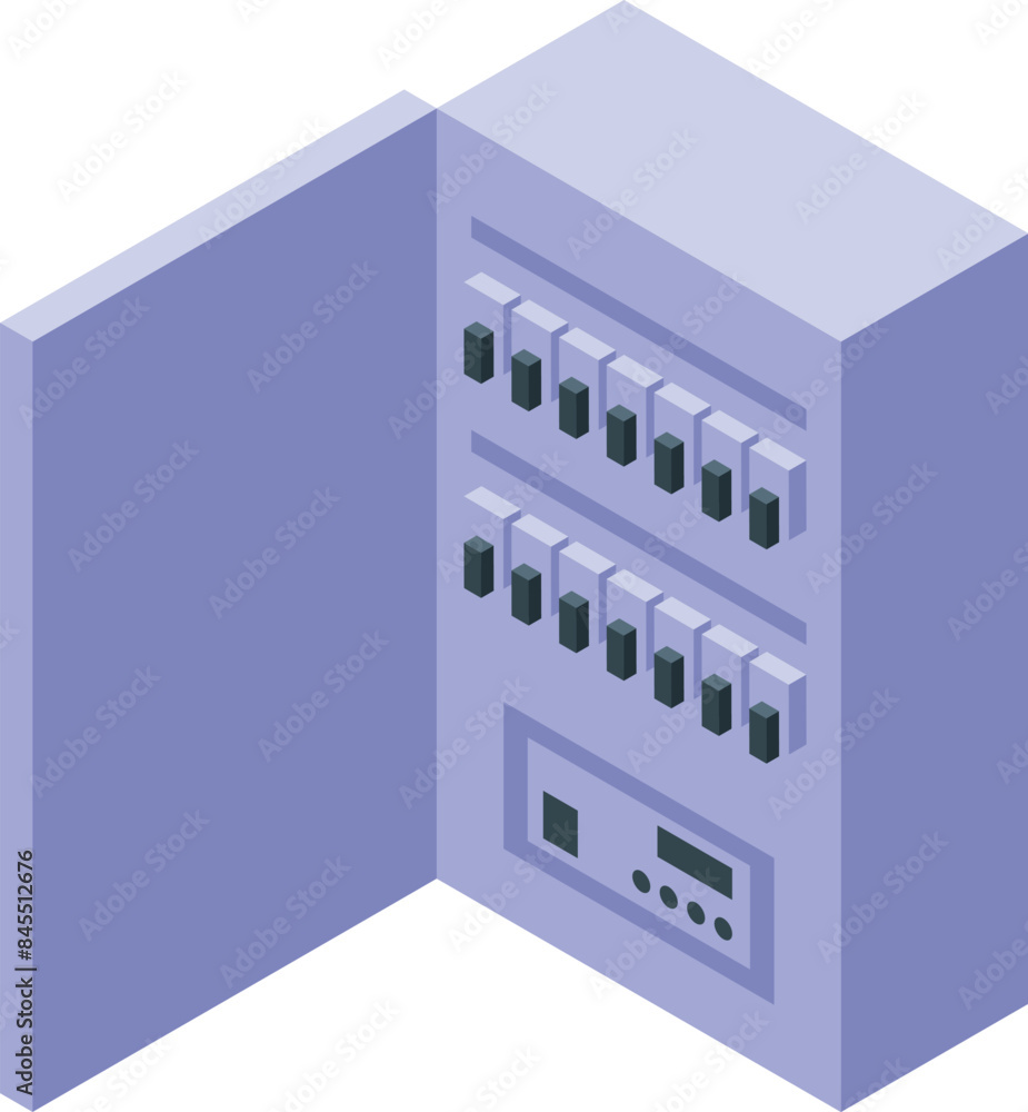 Isometric view of a distribution board featuring circuit breakers and ...