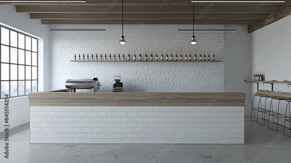 a coffee shop interior with a white tiled bar, wooden counter, and ...