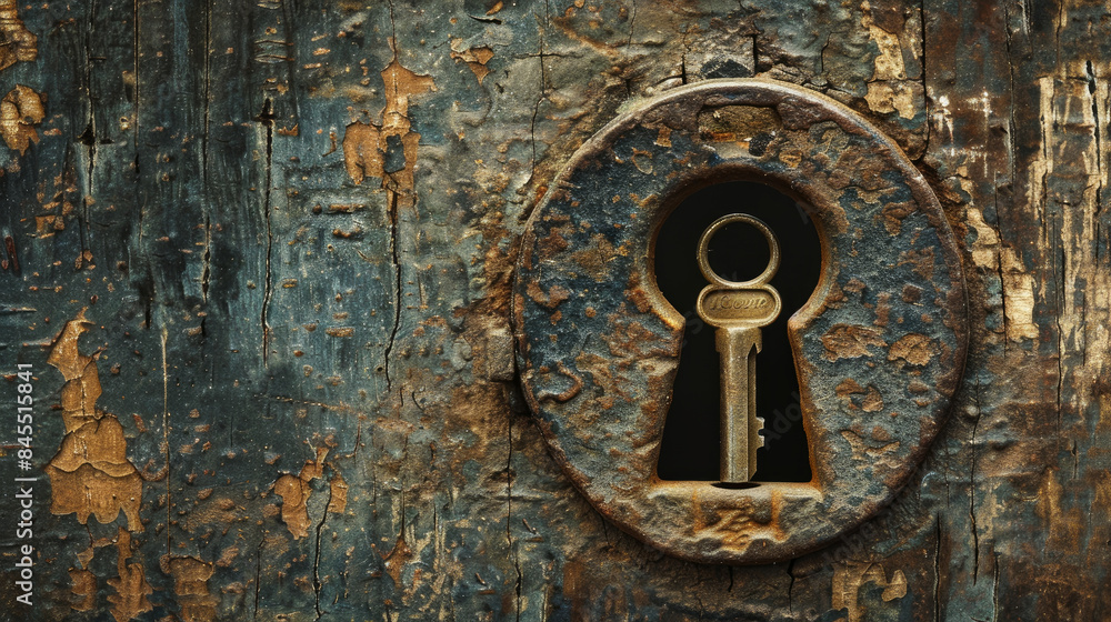 An old key in a keyhole on a vintage background captures a sense of ...