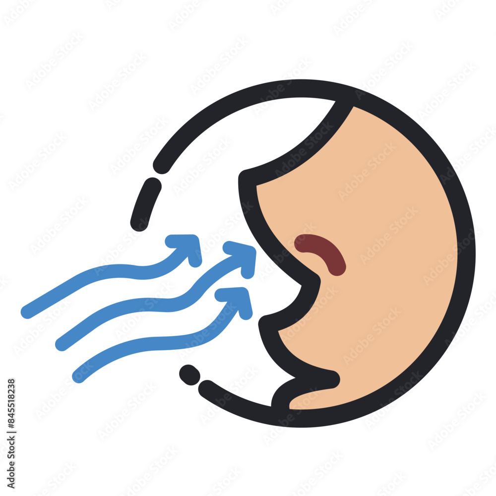 Colored side view nose deep breathe in fresh air. Human sense of smell ...