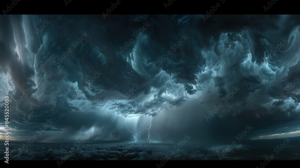 Dark clouds with fierce lightning fill the sky. This panoramic view ...