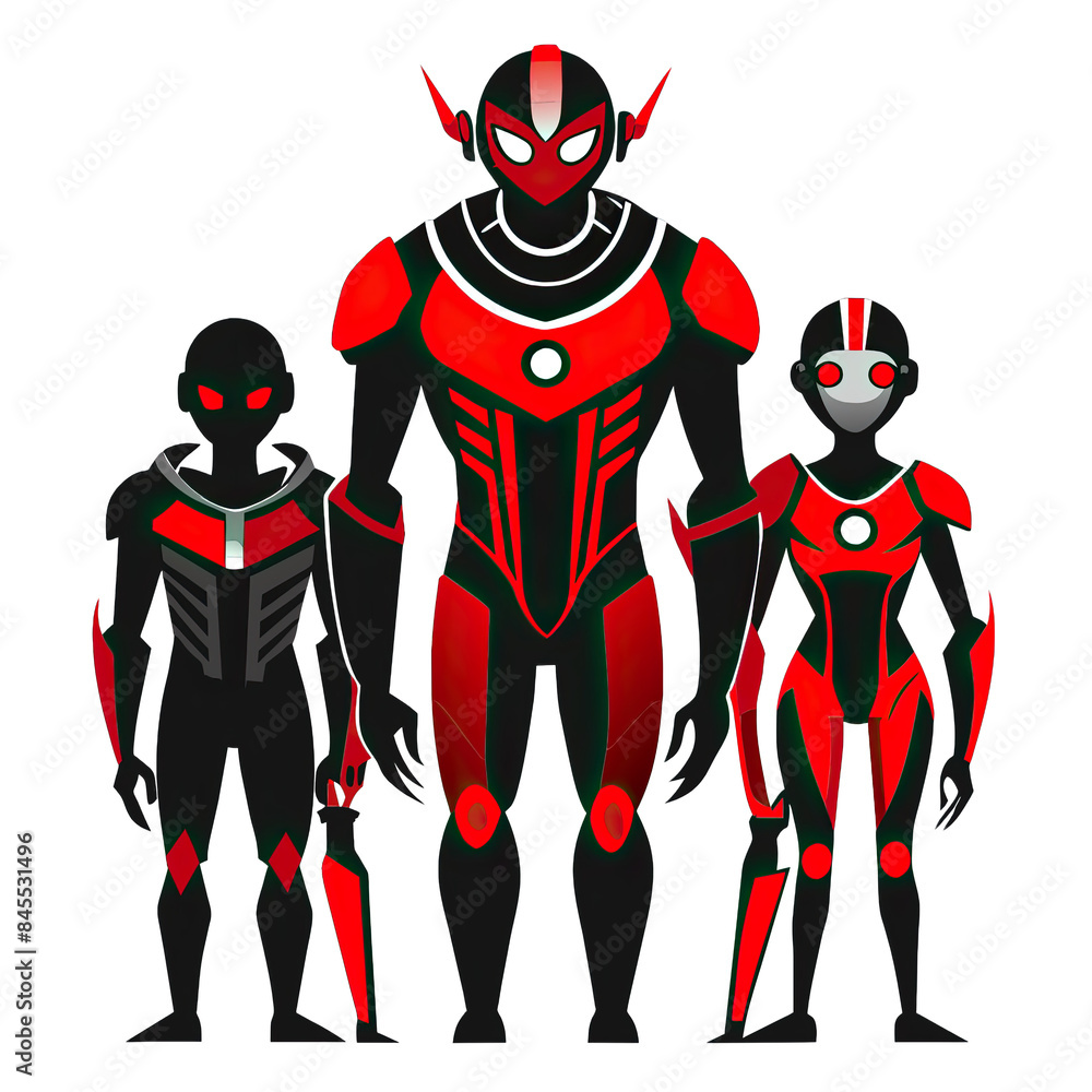 Three futuristic cyborgs stand together, isolated against a white ...