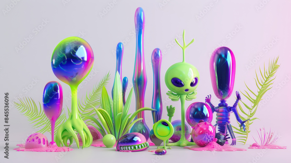 3d cartoon abstract alien and plants on white background isolated ...