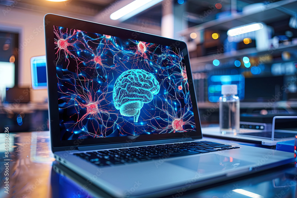 Laptop computer displaying an image of neuron brain cells on the screen ...