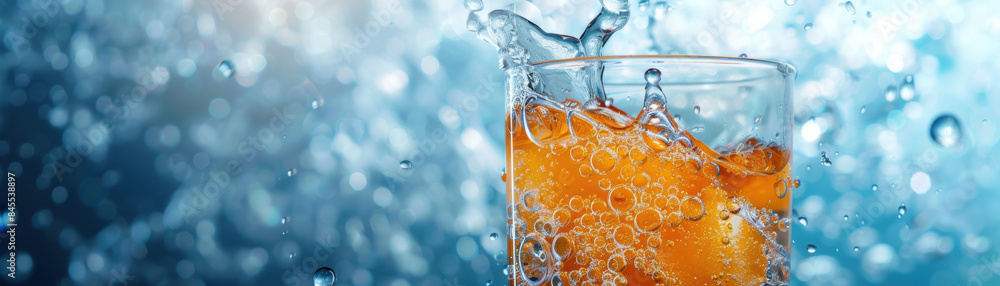 Refreshing orange soda in a clear glass, with sparkling bubbles and ...
