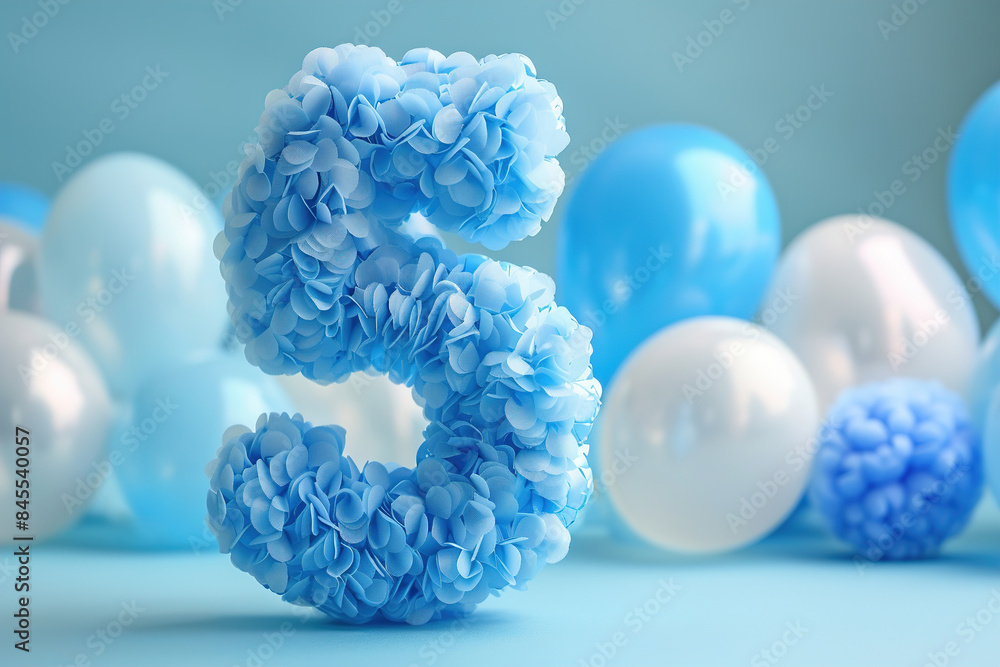 Blue and soft number five with blurred balloons on the background ...
