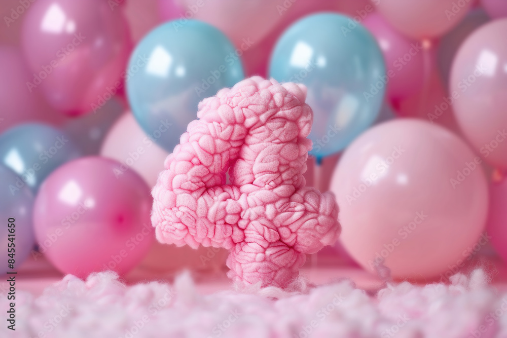 Pink, girlish and fluffy number four with blurred balloons on the ...