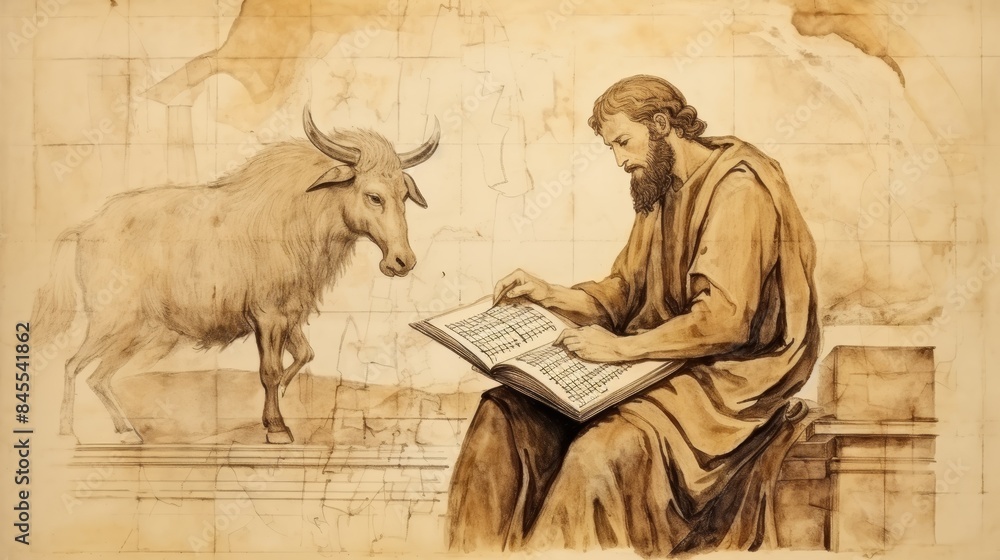 The painting of St. Luke Writing the Gospel with Winged Ox and Ancient Cities, Beige Background ...