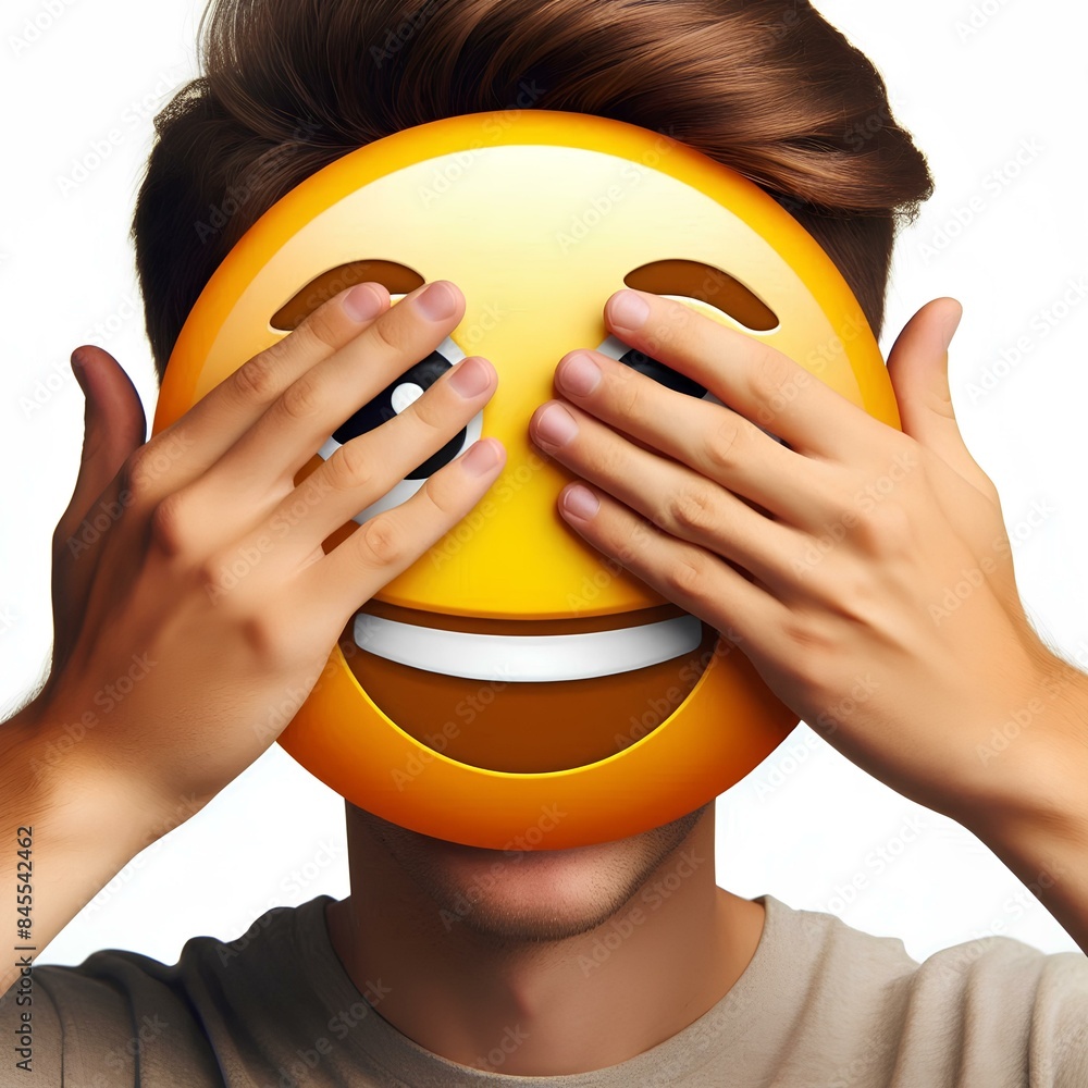 Person, happy and arm covering eyes with shy, eyelash and emoji ...