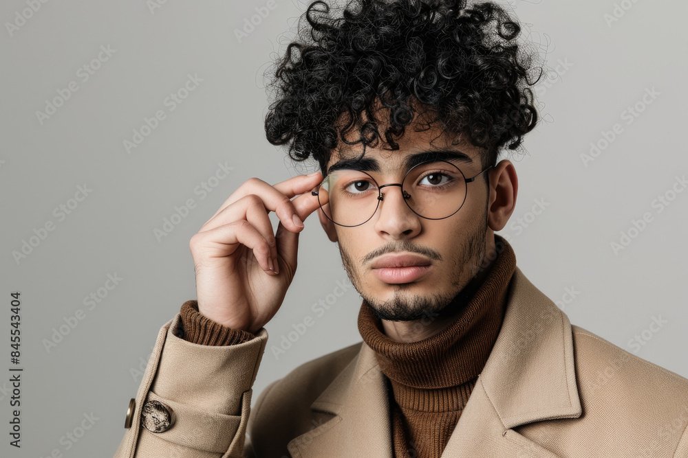 male model wearing rectangular glasses, beige color with clear frames ...