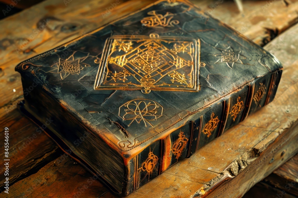 Old Grimoire with arcane symbols, Thick leather-bound book of spells ...