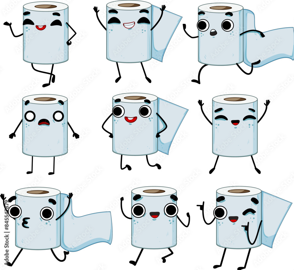 toilet paper character set cartoon. roll poop, cute emoji, tissue poo ...