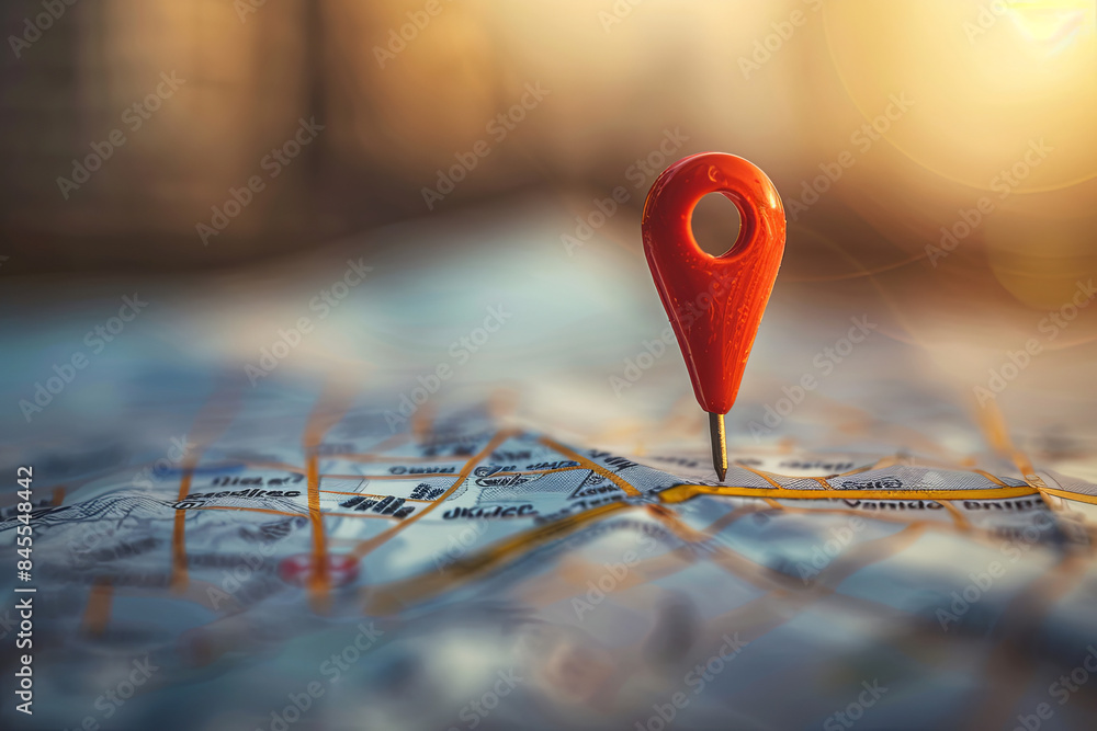 Red location pin pointing to a specific destination on a map ...