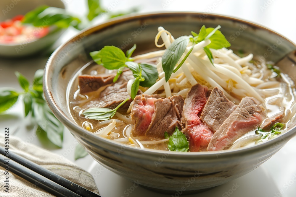 Close-Up Bowl Of Pho With Rare Beef Slices, Bean Sprouts, And Fresh ...