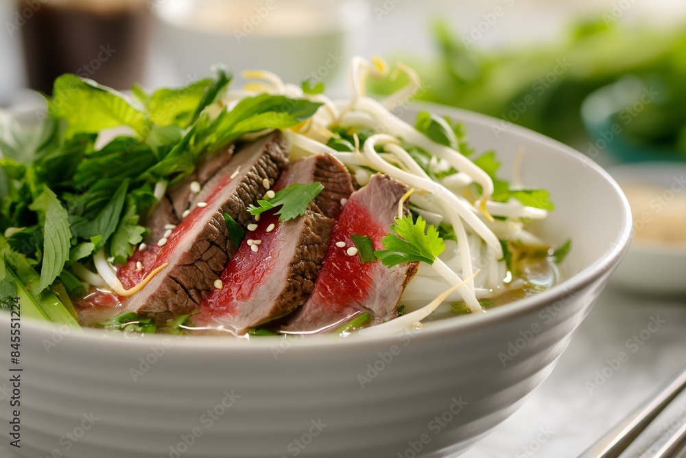Close-Up Bowl Of Pho With Rare Beef Slices, Bean Sprouts, And Fresh ...