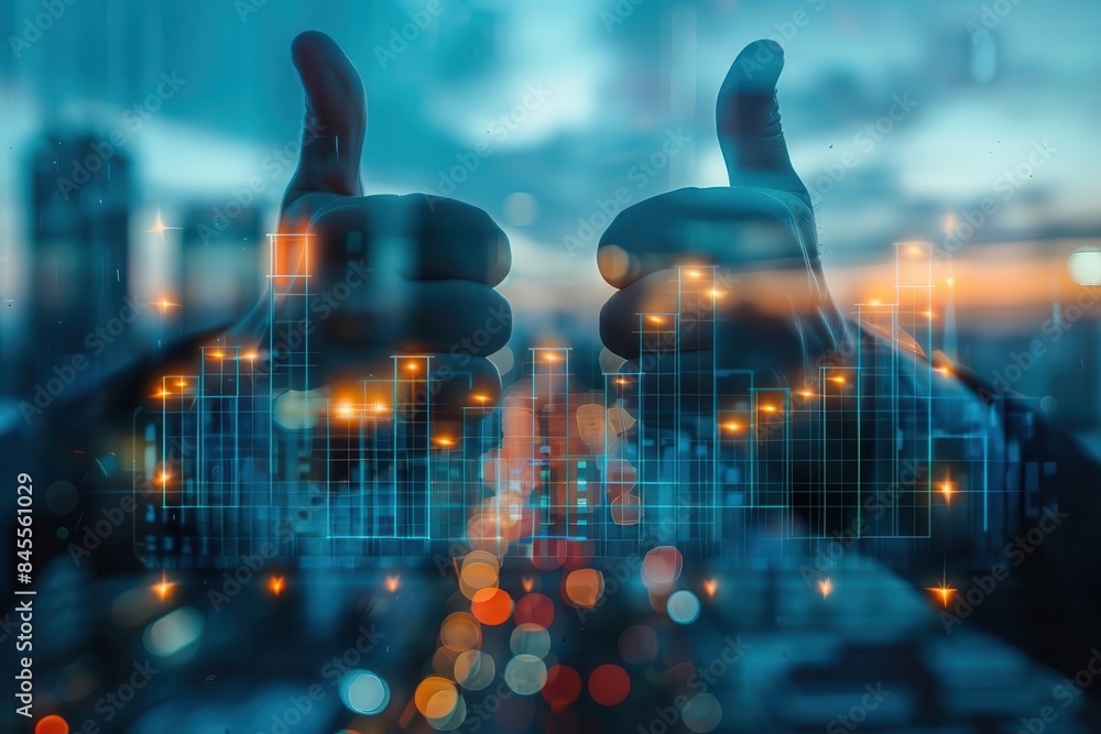 Double thumbs up with cityscape and digital graph overlay, symbolizing ...