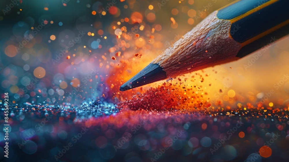 Multicolor sparkling glitters and colorful pigments exploding from the tip of a colored pencil ...