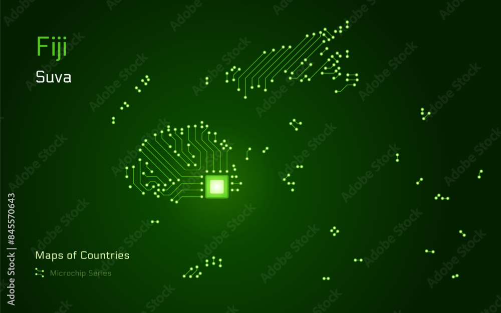 Fiji Map with a capital of Suva Shown in a Microchip Pattern with ...