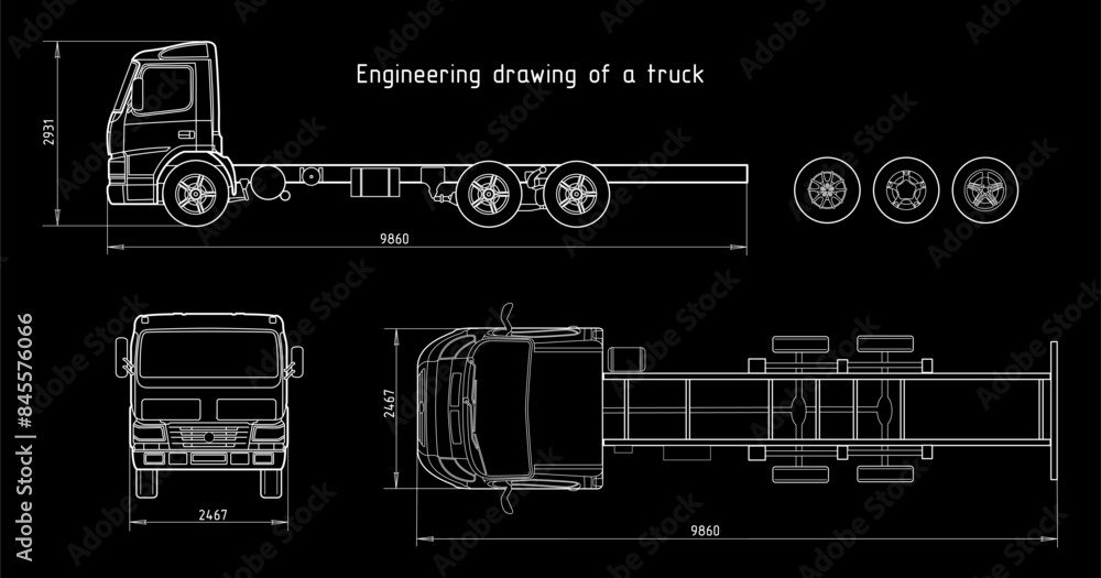 Vector engineering drawing of truck with trailer with dimensional lines ...