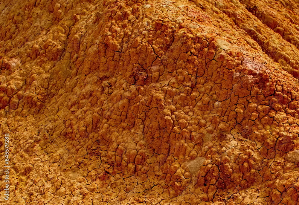 Northern Kyrgyzstan. The unusual texture of red-yellow clay rocks in ...