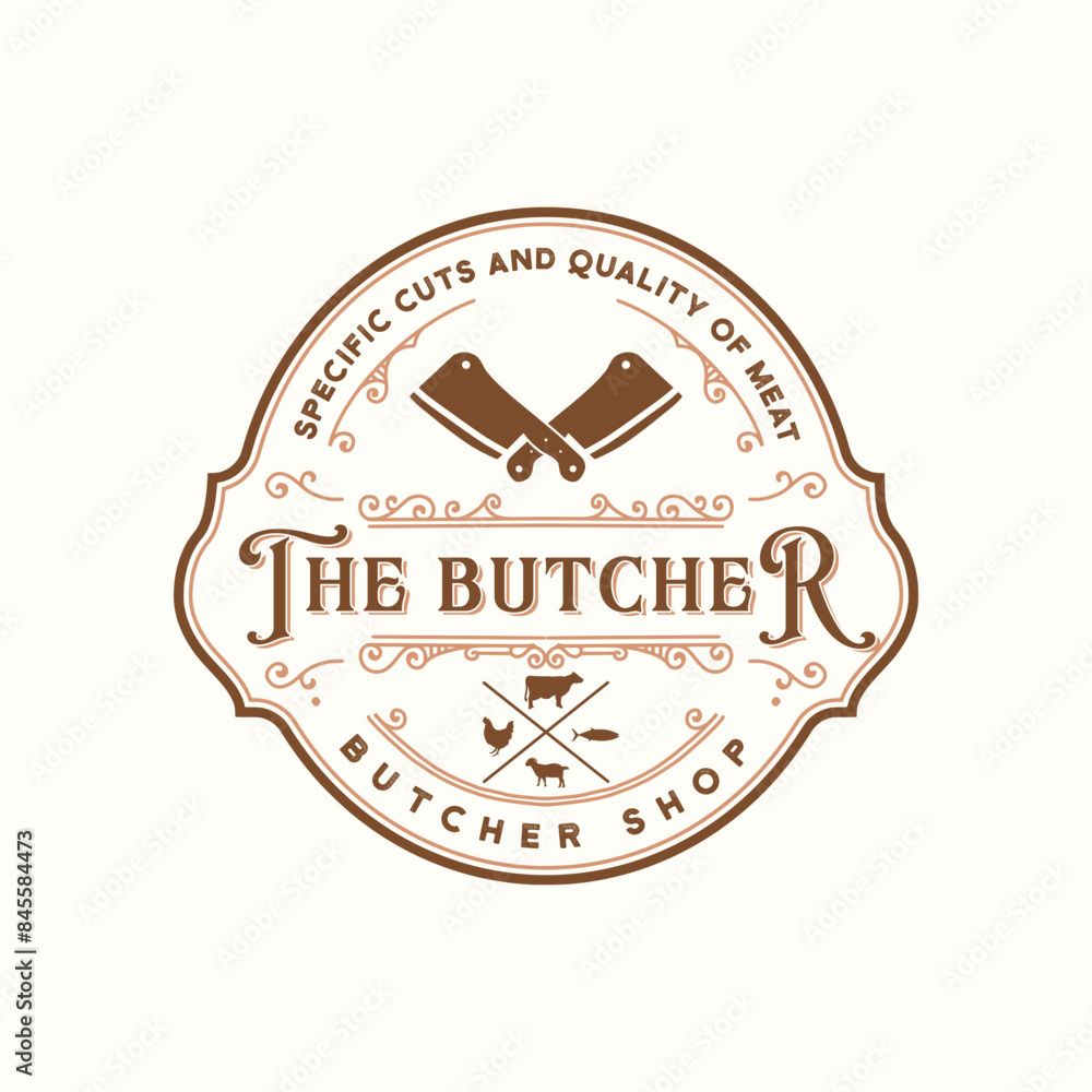 Vintage emblem badge logo design template for butchering meat beef pork ...