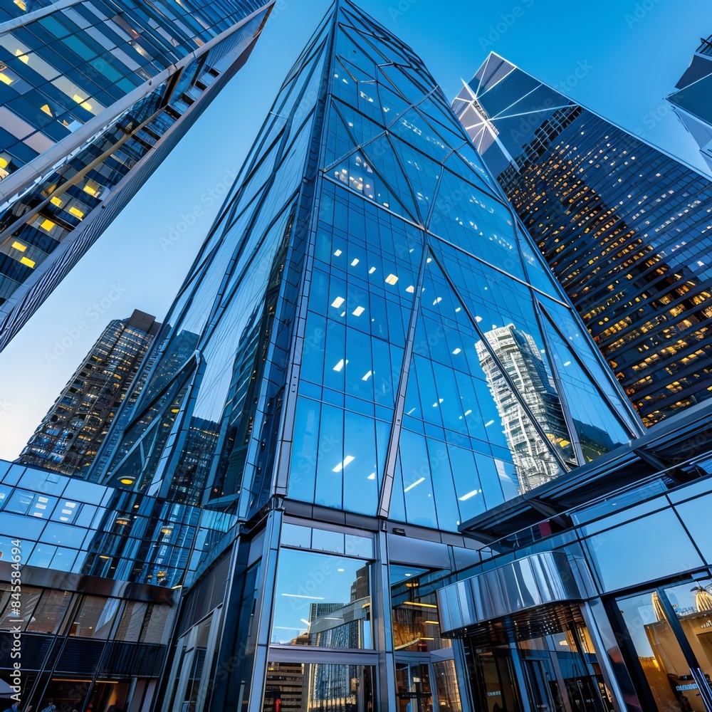 From below of entrance of office building next to contemporary high ...