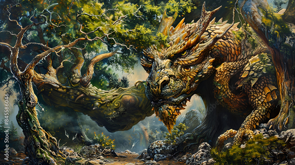 Realistic,Oil painting A very old Dragon tree with a face like a Dragon ...