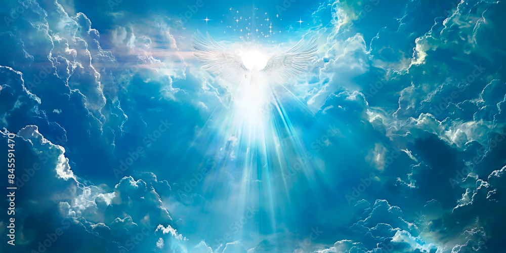 Divine angel descending from blue sky with heavenly light. Heavenly ...