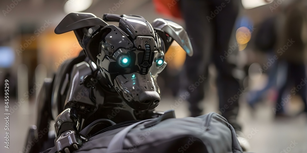 ภาพประกอบสต็อก Advanced robot dog with illuminated eyes scans luggage ...