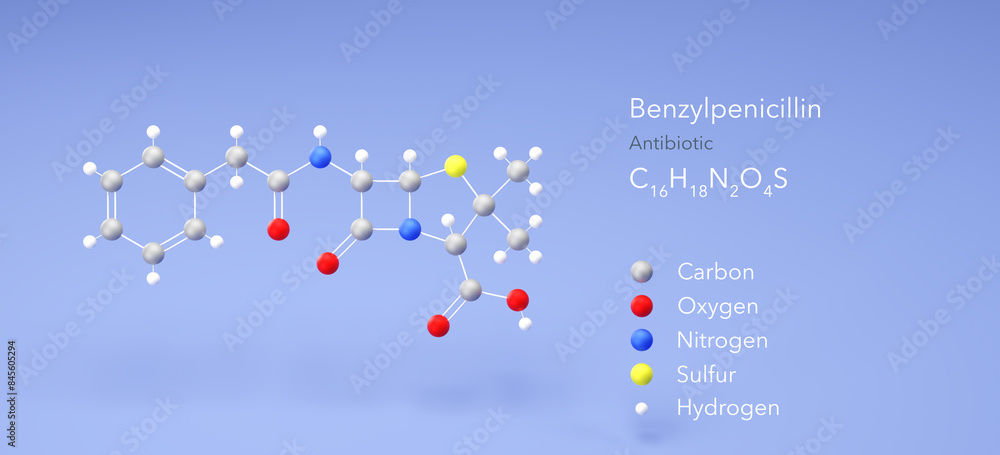 benzylpenicillin molecule, molecular structure, penicillin g, 3d model ...