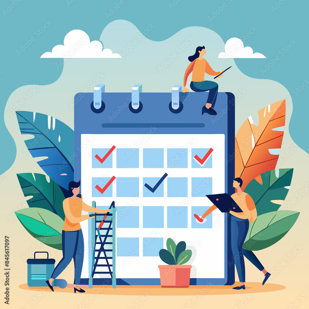 An illustration featuring a large calendar with checkboxes being marked ...