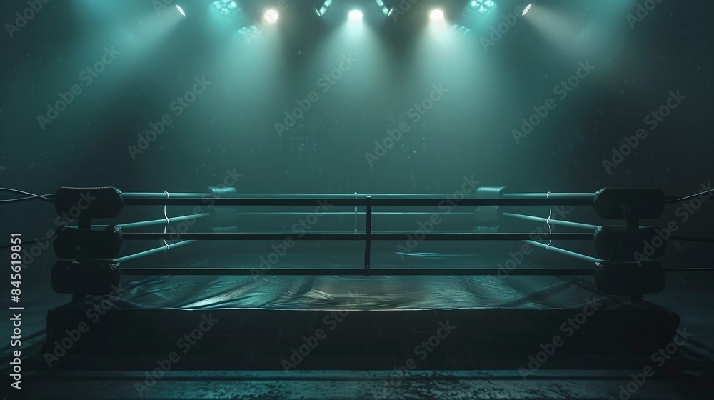 Empty professional boxing ring in the dark, illuminated spotlight ...