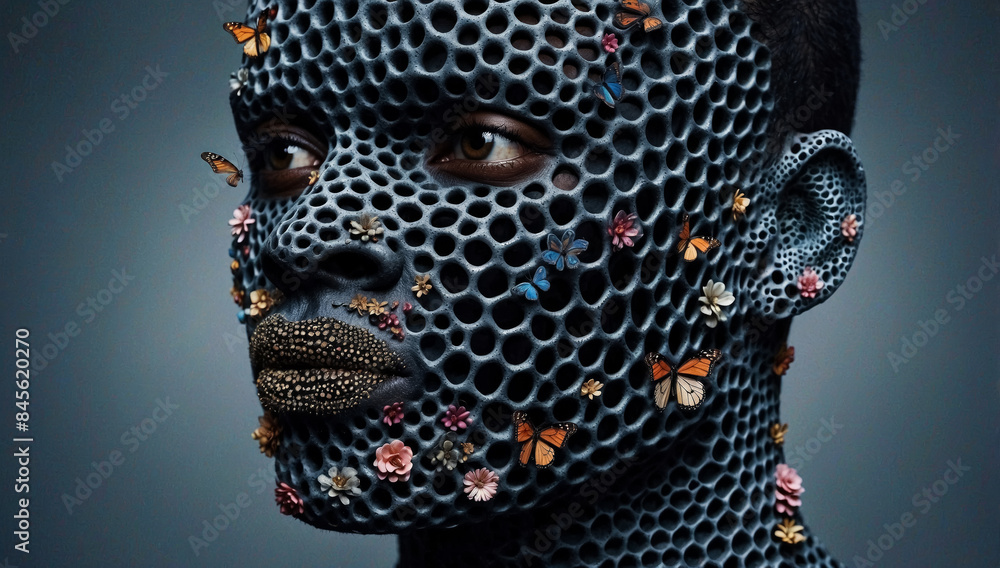 A mutation of a human with unusual skin texture, with holes, floral ...