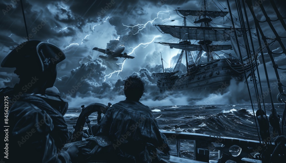 Pirate crew on ship looking at plane flying in sky, thunderstorm and ...