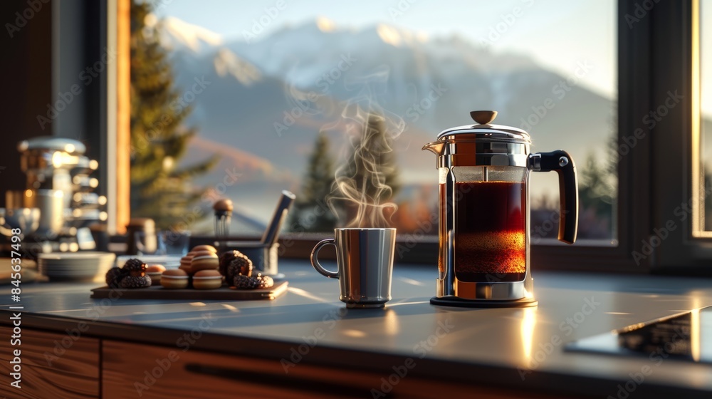 Alpine Sunrise Coffee with Mountain View. A luxurious morning coffee ...