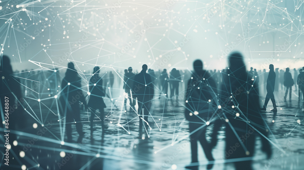 silhouettes of people interconnected by lines of light, white points ...