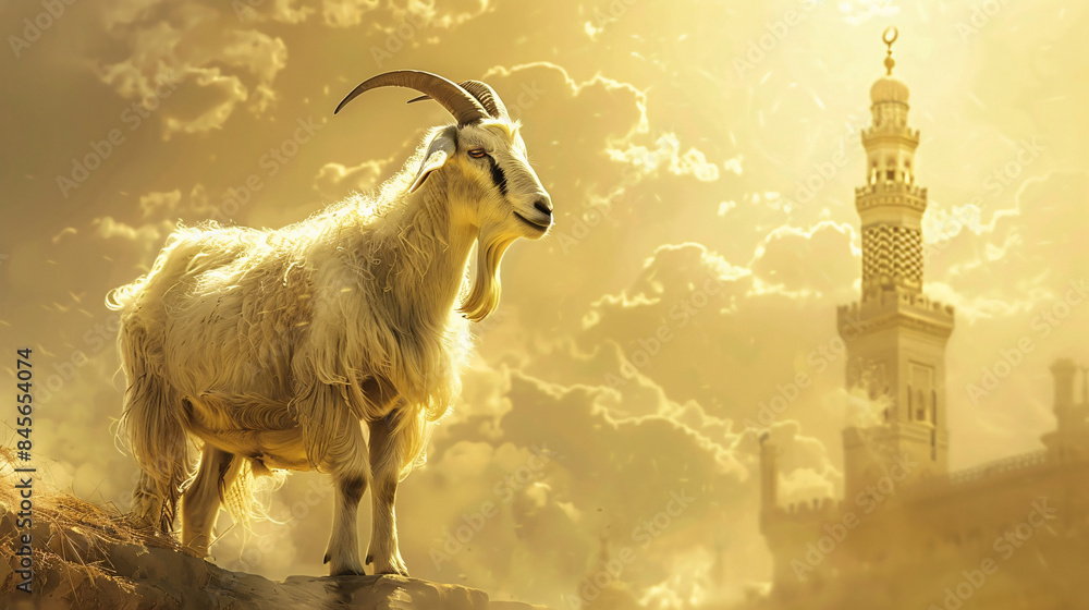 Blessed Eid al-Adha: Qurban goat in Islamic background. Celebrating ...