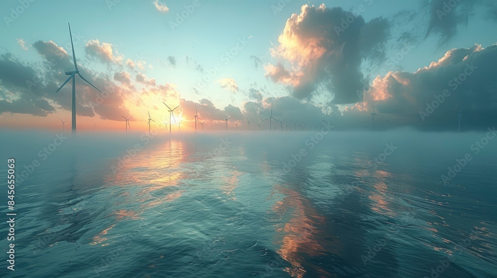 Image of a coastal wind farm with turbines placed in the ocean to ...