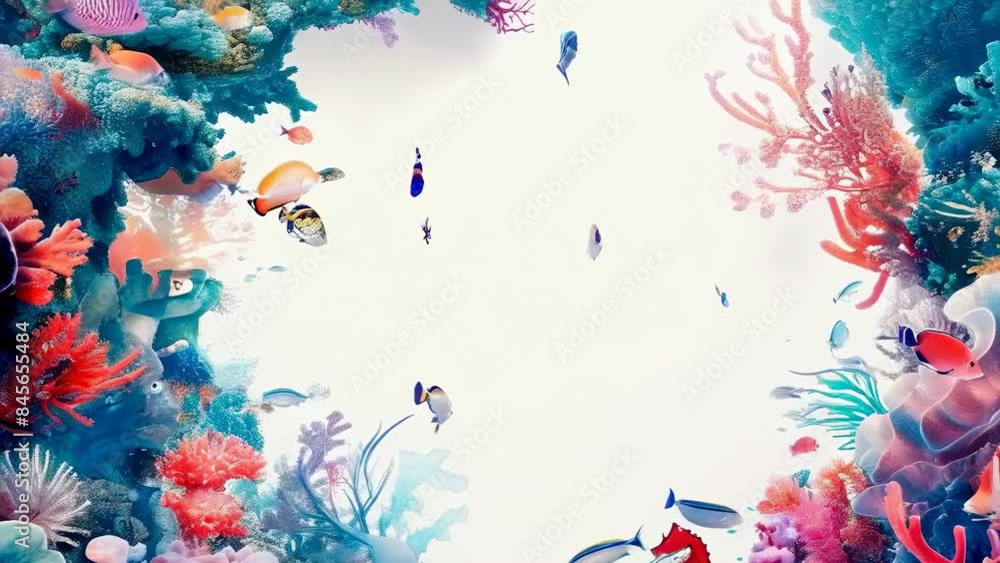 A bright, vibrant underwater scene showcases various colorful fish and ...
