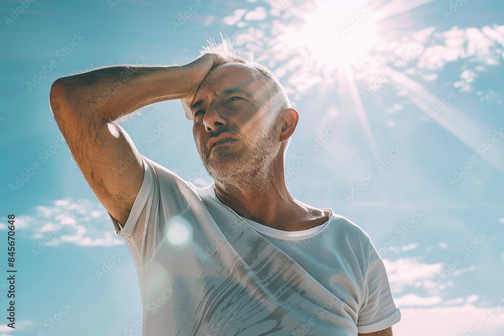 Summer Heatwave: Sweating Mature Man Confronting the Intense Sun and ...
