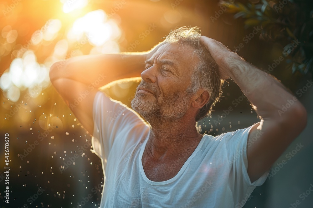 Summer Heatwave: Sweating Mature Man Confronting the Intense Sun and ...