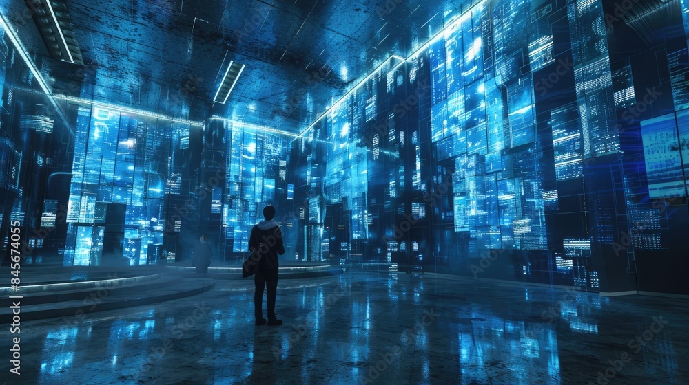 An immersive digital environment with layers of code and data floating ...