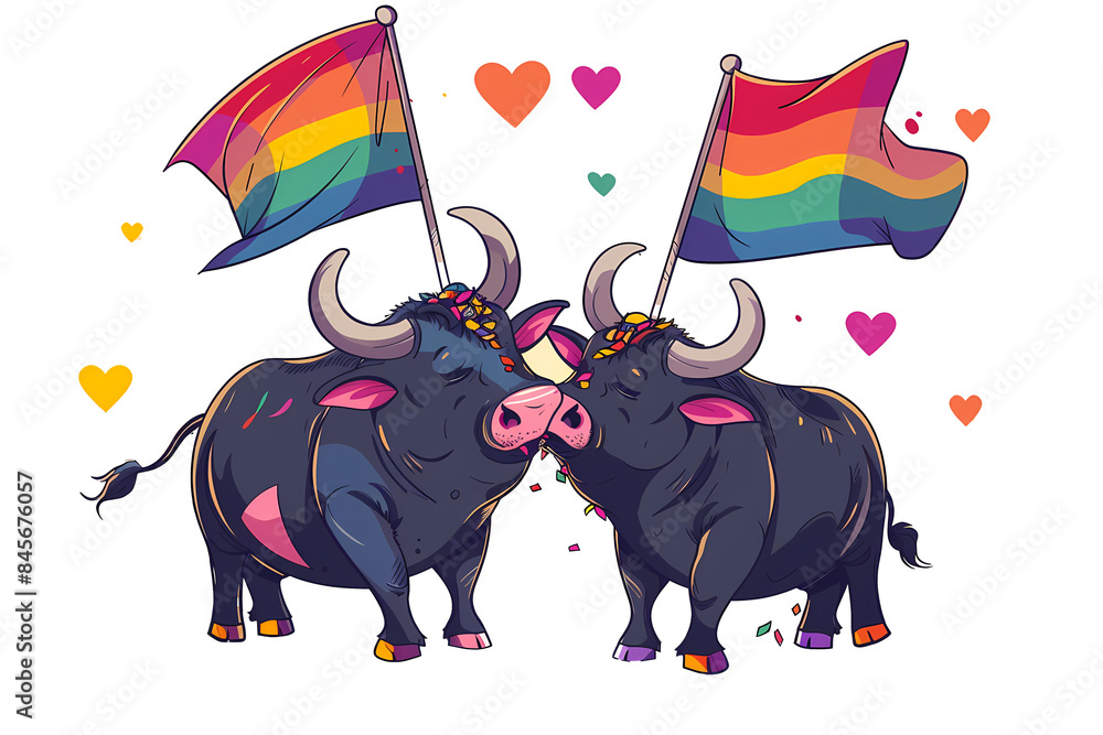 Gay bull couple in love with gay flag. Concept of diversity and freedom ...