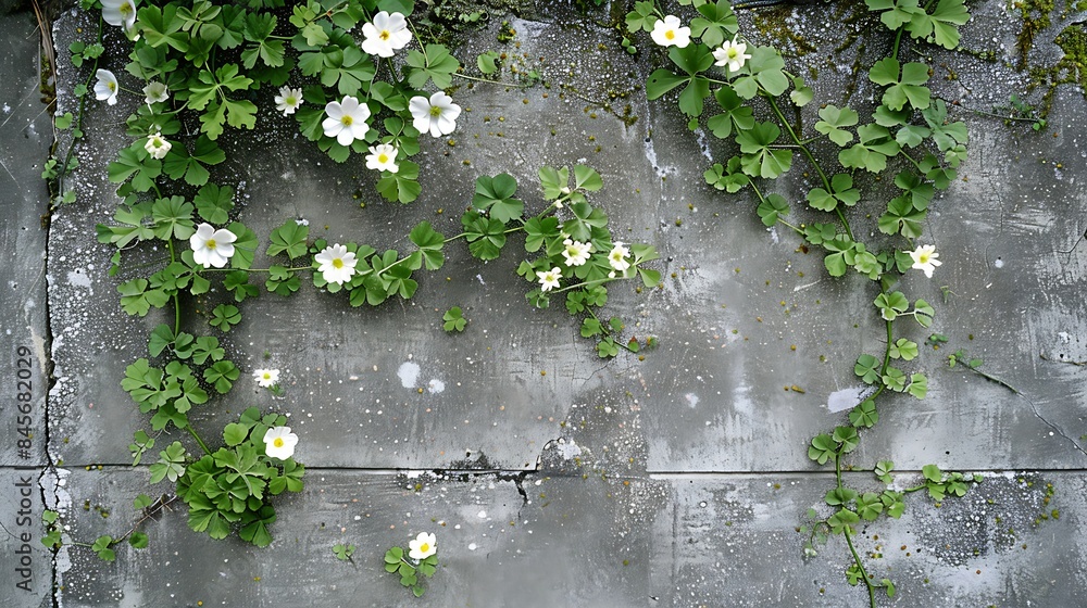 Overgrown greenery and white flowers emerging through concrete cracks ...
