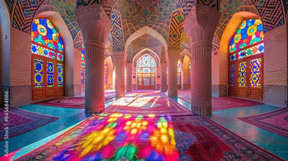 Nasir Al-Mulk Mosque in Shiraz, Stained glass windows in theminaret of ...