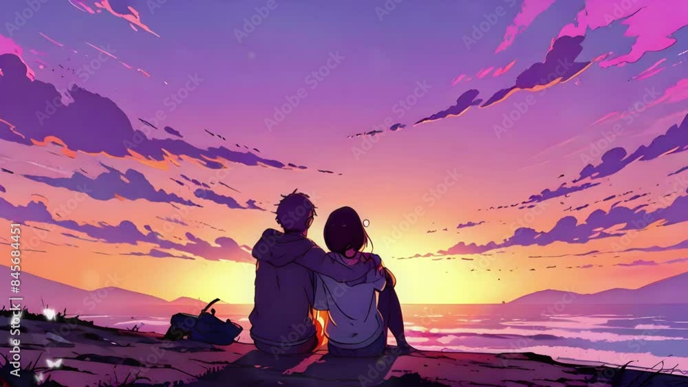 A romantic couple glow love passion 2D Japanese Lo-fi Purple fantasy ...