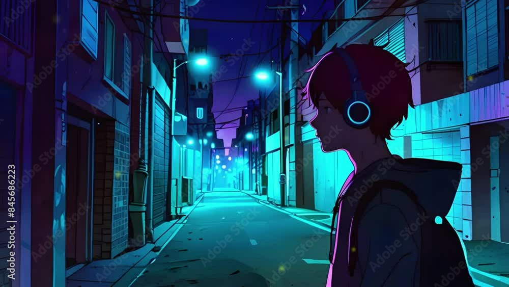 Cute Lofi boy Sad moody Urban night sky star view light , 2D Japanese ...