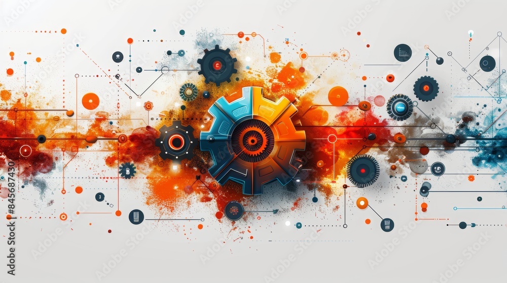 network cog abstract symbol in center, stock photo design neural ...