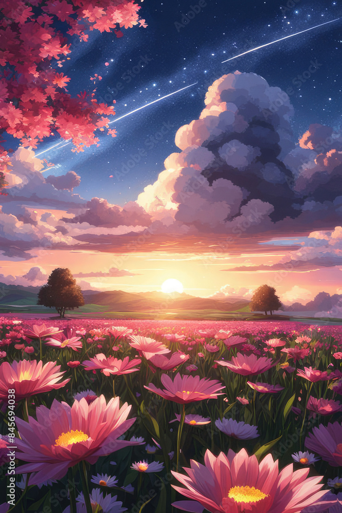 Generative AI Beautiful Niji Anime scenery of a beauty flower fields ...